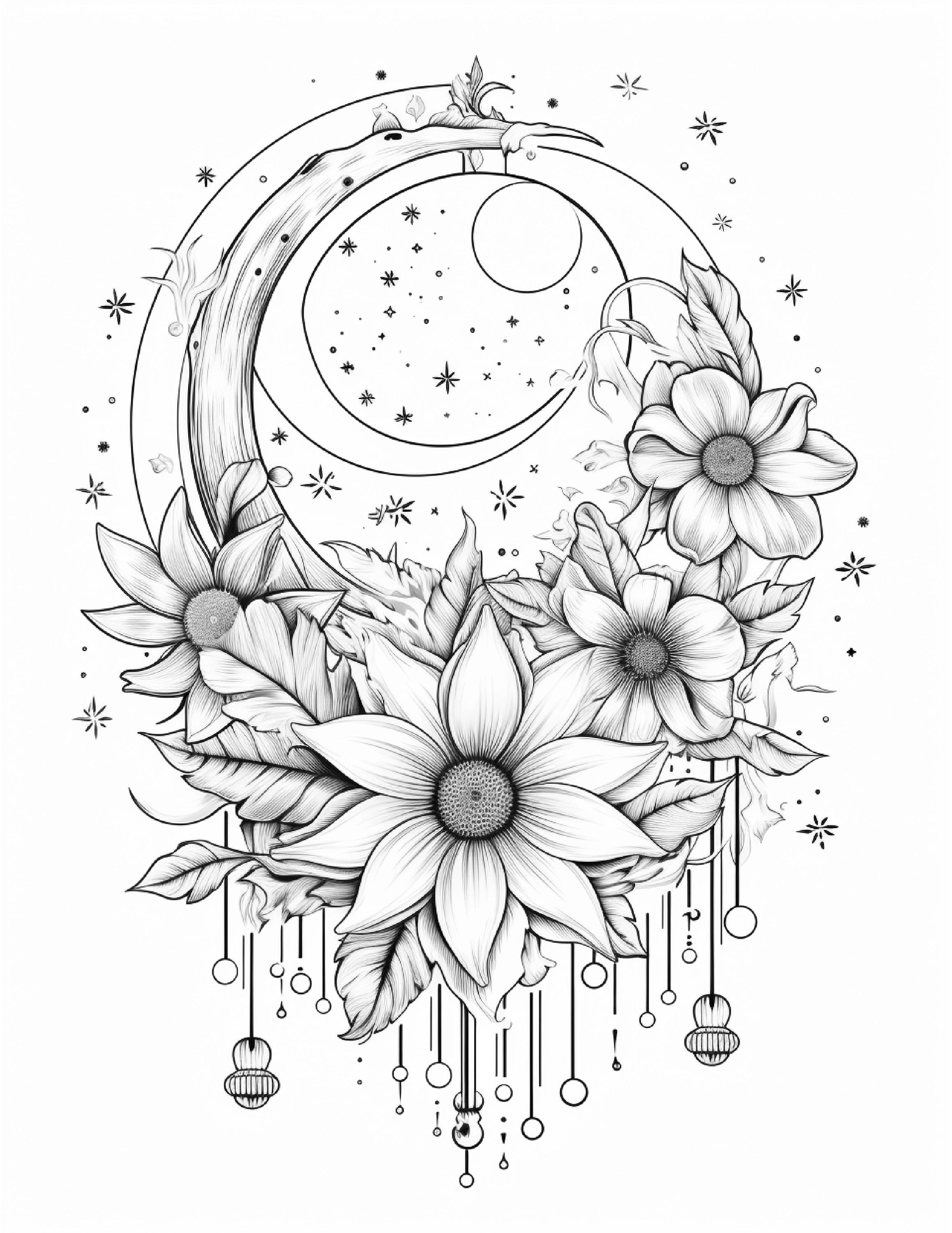 Boho Chic Moon Coloring Pages for Adults Intricate Bohemian Lunar ...