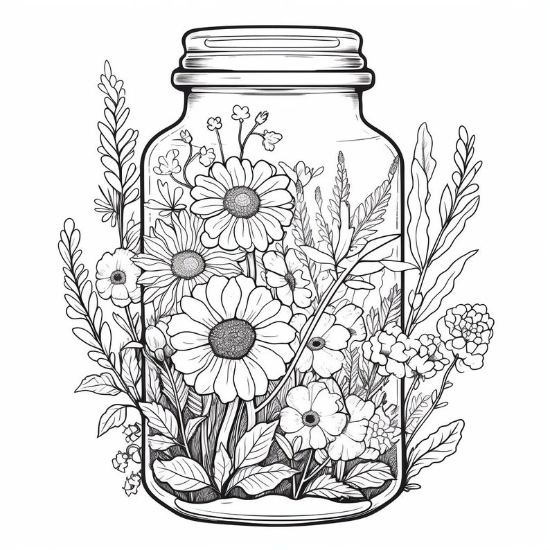 150 Floral Delights in a Jar - Printable PDF Coloring Pages - Etsy