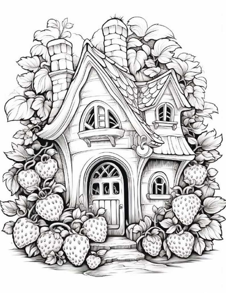 100 Strawberry House Coloring Pages PDF + 150 Extra PNG Files | Cute ...