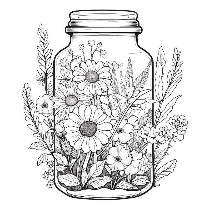 150 Floral Delights in a Jar - Printable PDF Coloring Pages - Etsy