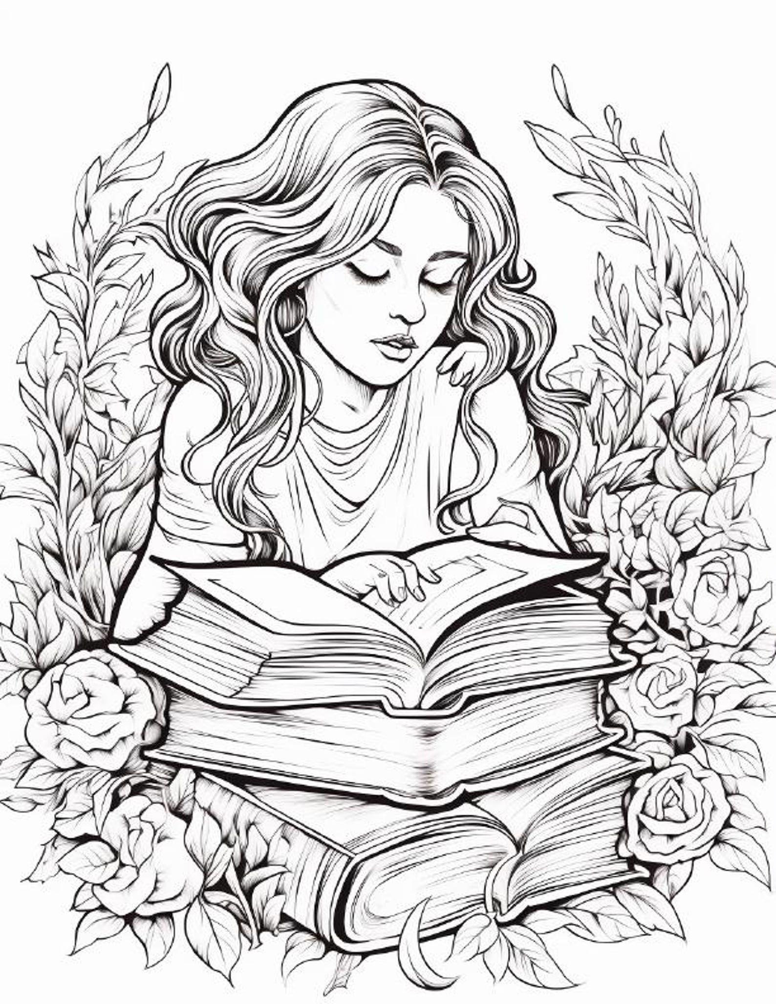 People Reading Books Illustrations: 320 Coloring Pages (PDF & PNG) - Etsy
