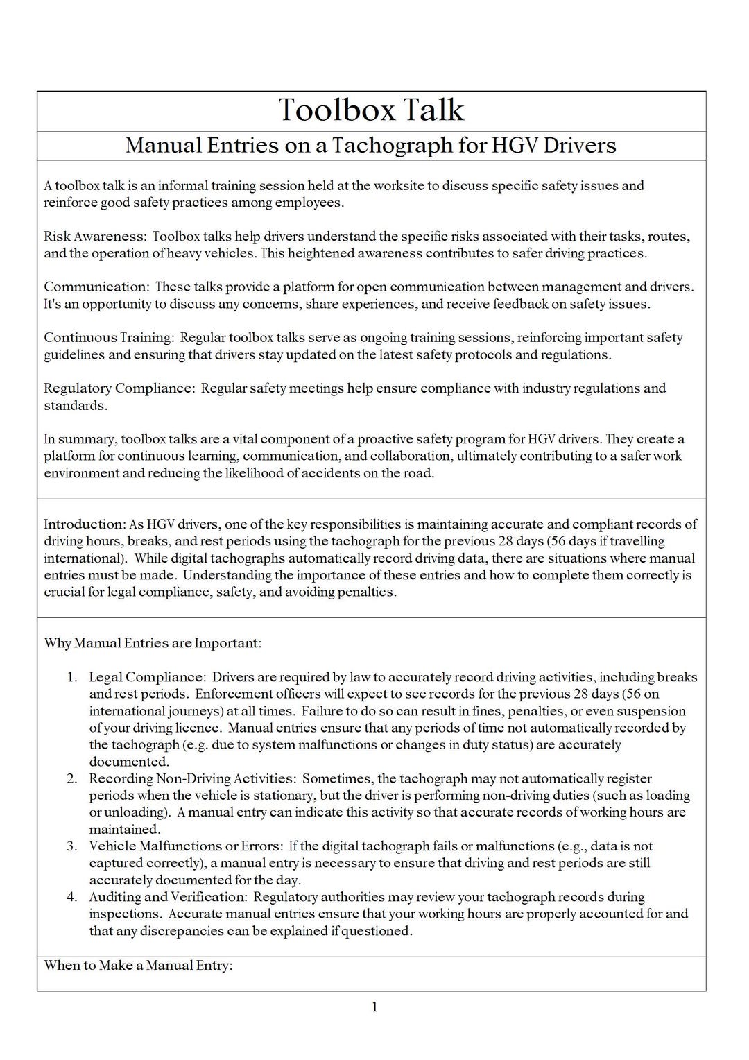 Toolbox Talk: Manual Entries on a Tachograph for HGV Drivers - Etsy