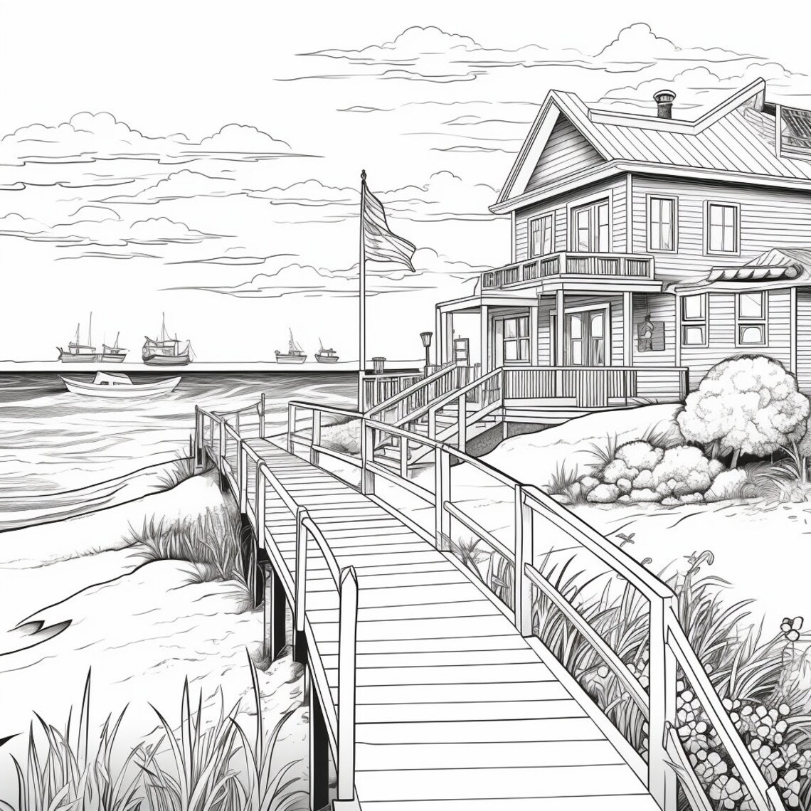 50 Beach Huts and Houses Coloring PDF - Coastal Home Art, Instant ...