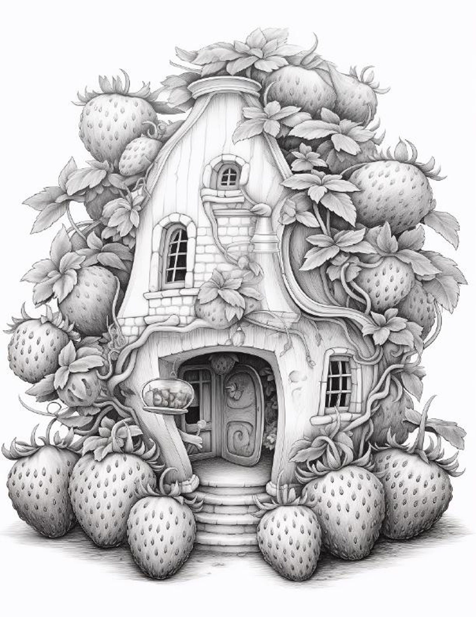 100 Strawberry House Coloring Pages PDF + 150 Extra PNG Files | Cute ...