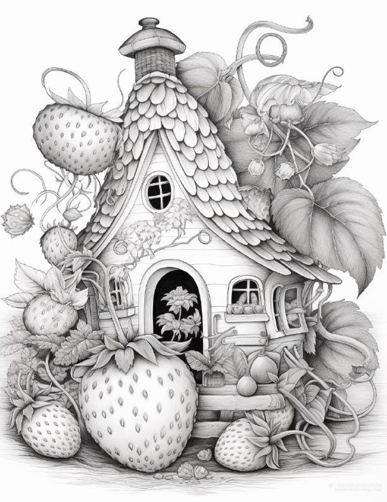 100 Strawberry House Coloring Pages PDF + 150 Extra PNG Files | Cute ...
