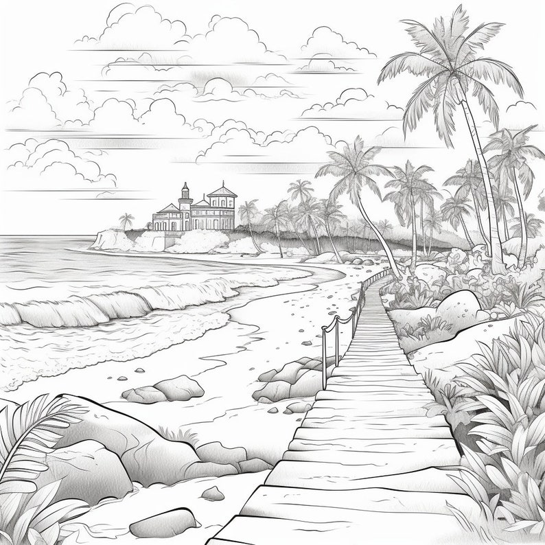 50 Beach Huts and Houses Coloring PDF - Coastal Home Art, Instant ...