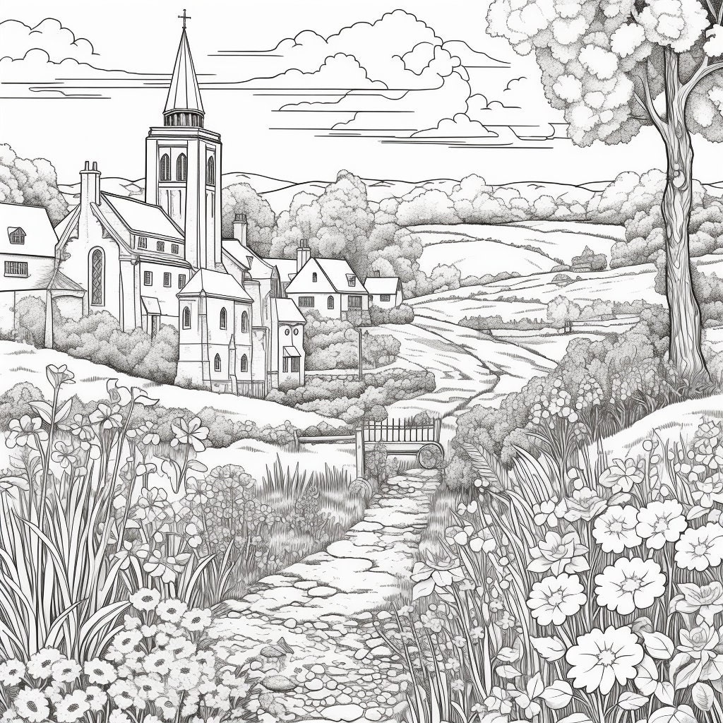 117 Charming Country Village Scenes (part 1): Printable PDF Coloring ...