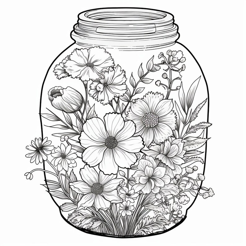150 Floral Delights in a Jar - Printable PDF Coloring Pages - Etsy