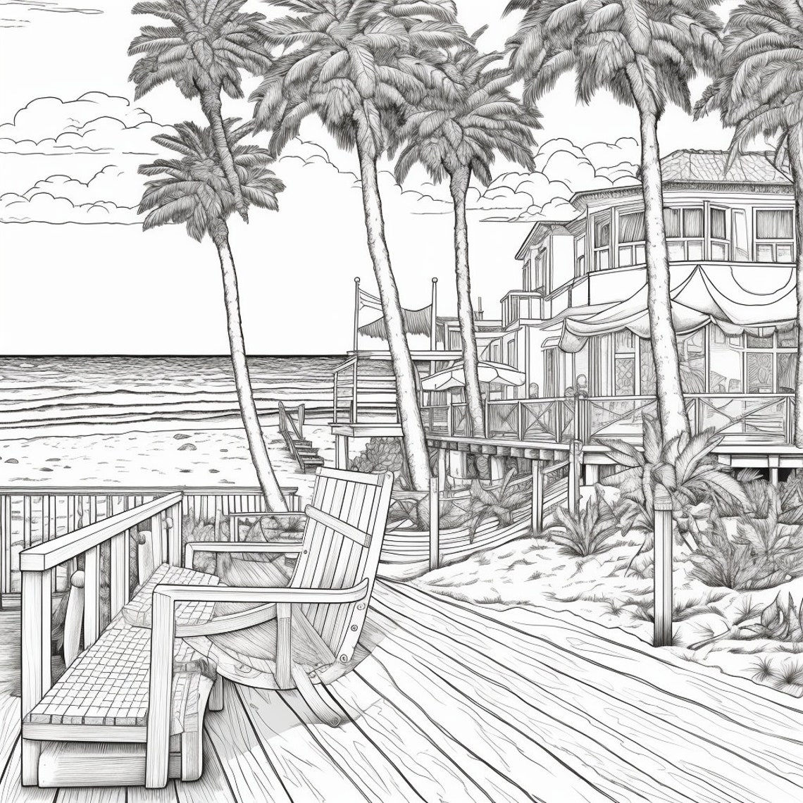 50 Beach Huts and Houses Coloring PDF - Coastal Home Art, Instant ...