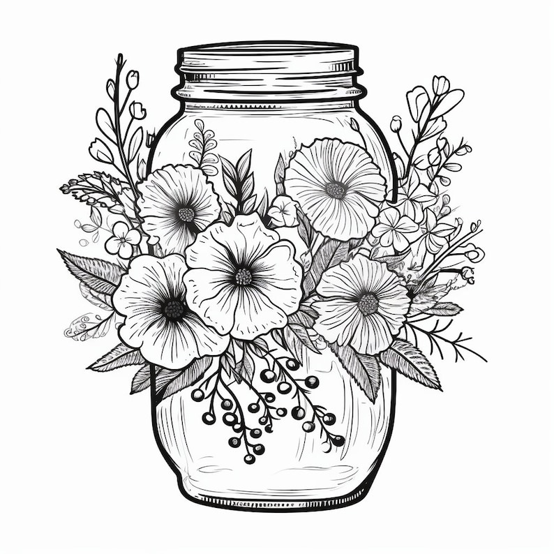150 Floral Delights in a Jar - Printable PDF Coloring Pages - Etsy