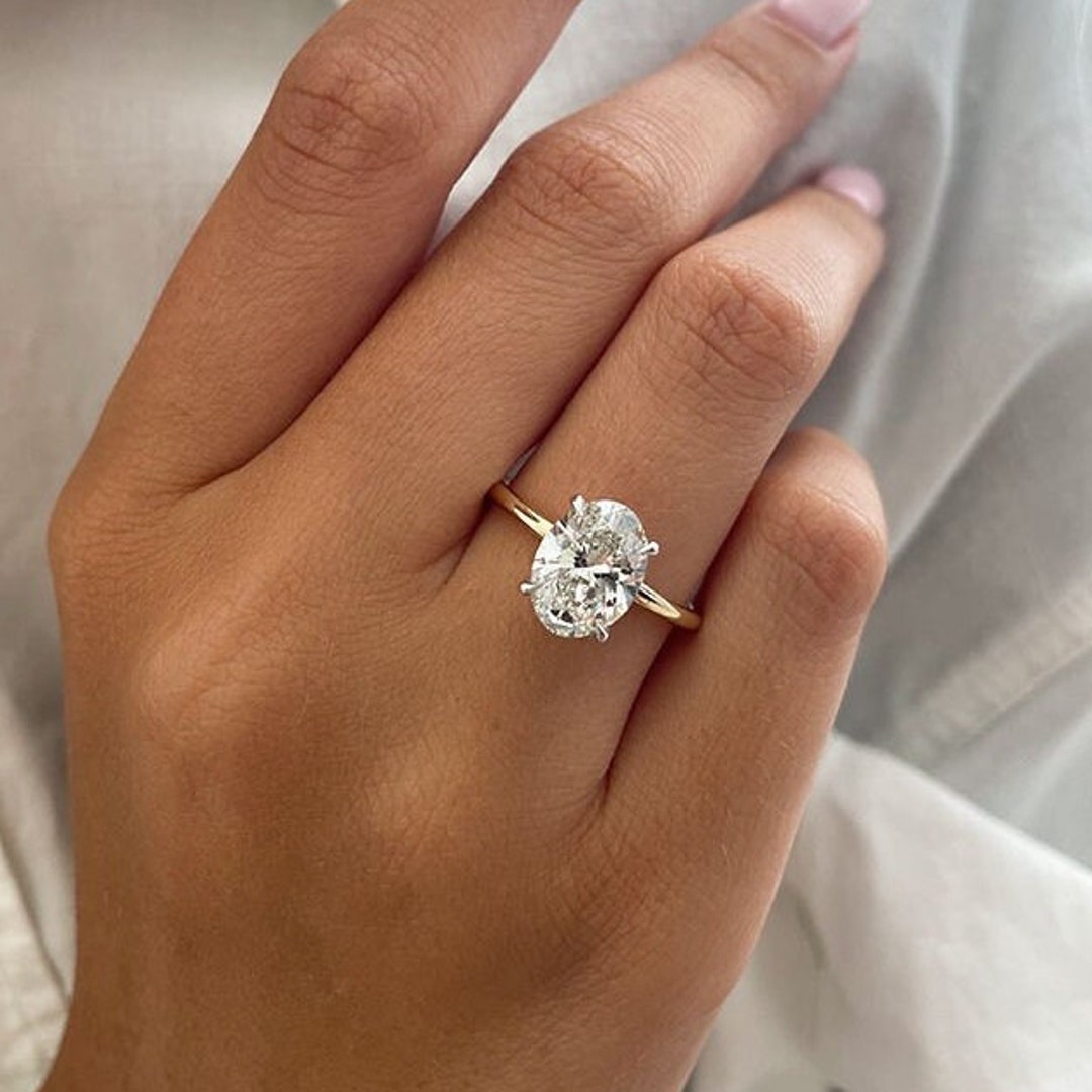 3 CT Oval Moissanite Engagement Ring, Dainty Two-tone Ring, Classic 4 ...