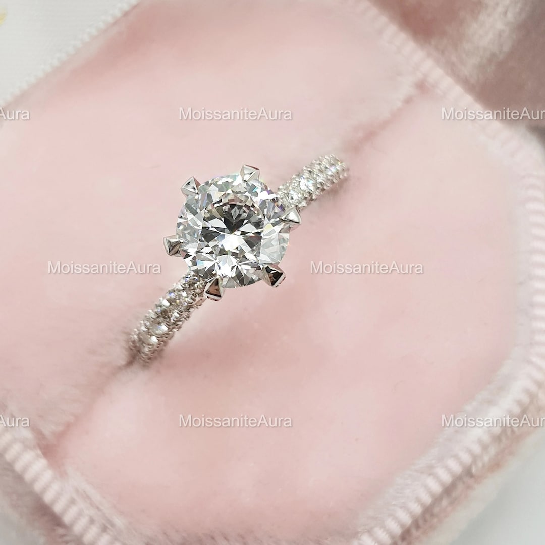 1CT Round Moissanite Engagement Ring, Moissanite White Gold Ring, Three ...