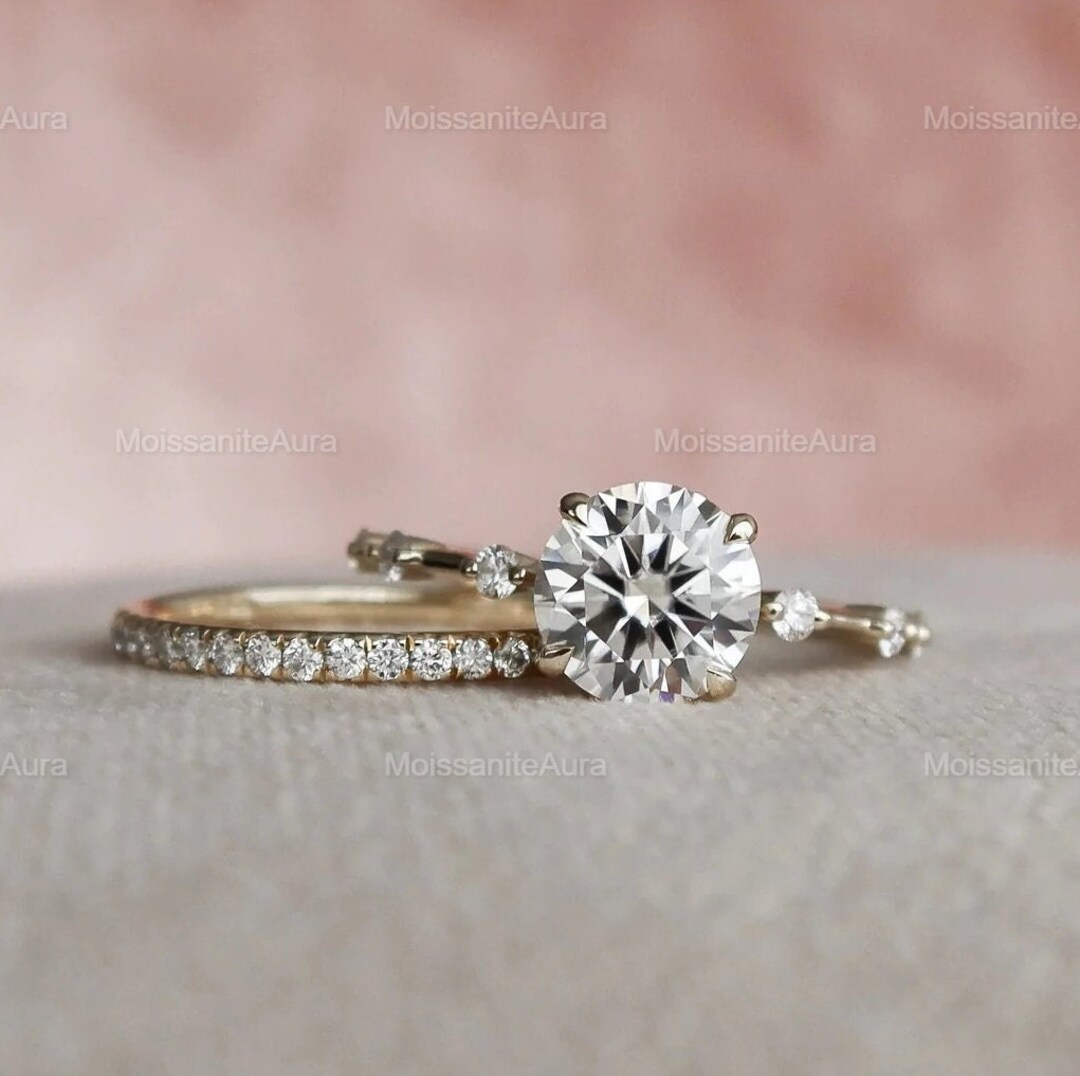 1.50CT Round Cut Moissanite Bridal Engagement Ring Set, Moissanite Ring ...