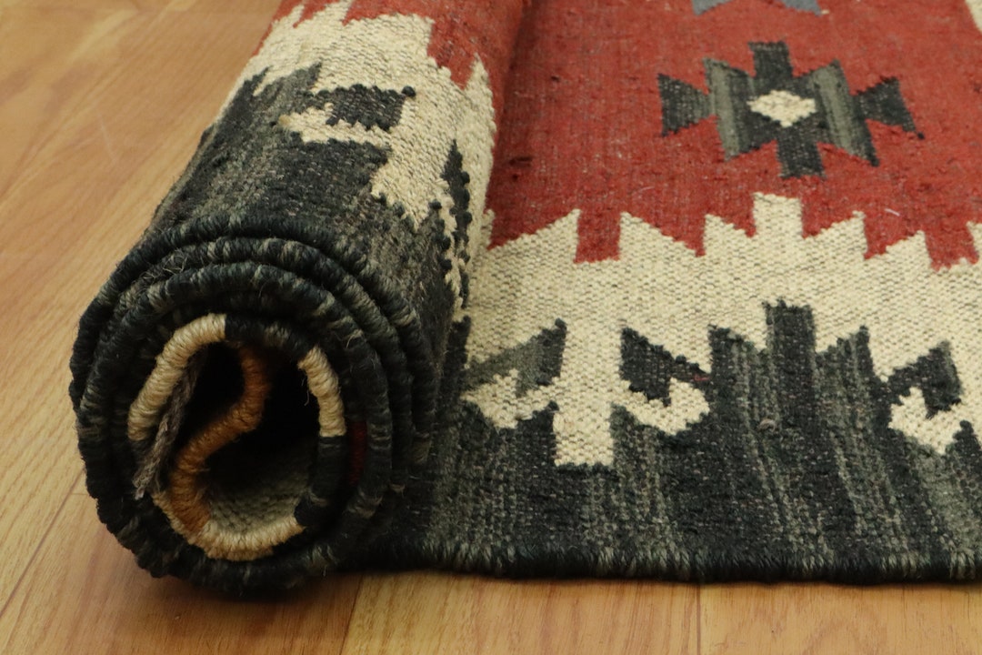 Wool Jute Handwoven Kilim Geometric Red Large Area Rug Flatweave Jute ...