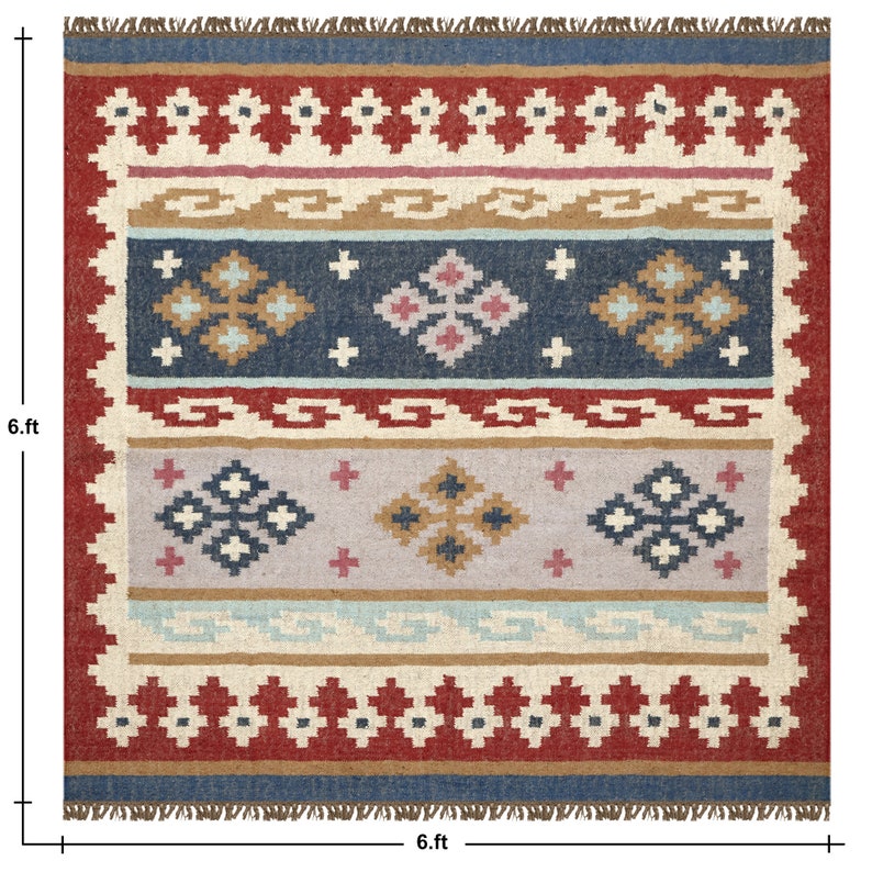 Red Wool Jute Kilim Handwoven Square Area Rug Garden Yoga Rugs Home ...