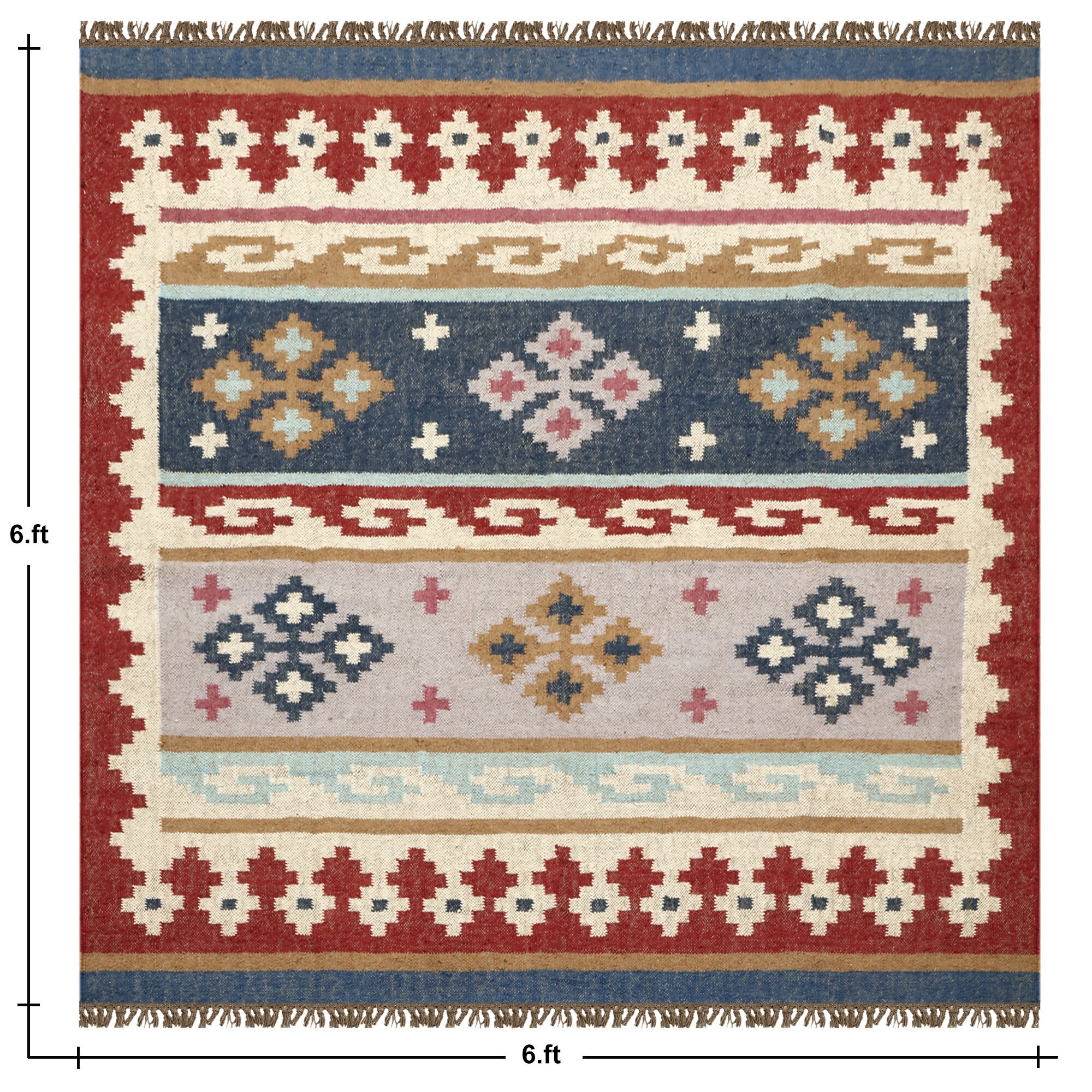 Red Wool Jute Kilim Handwoven Square Area Rug Garden Yoga Rugs Home ...