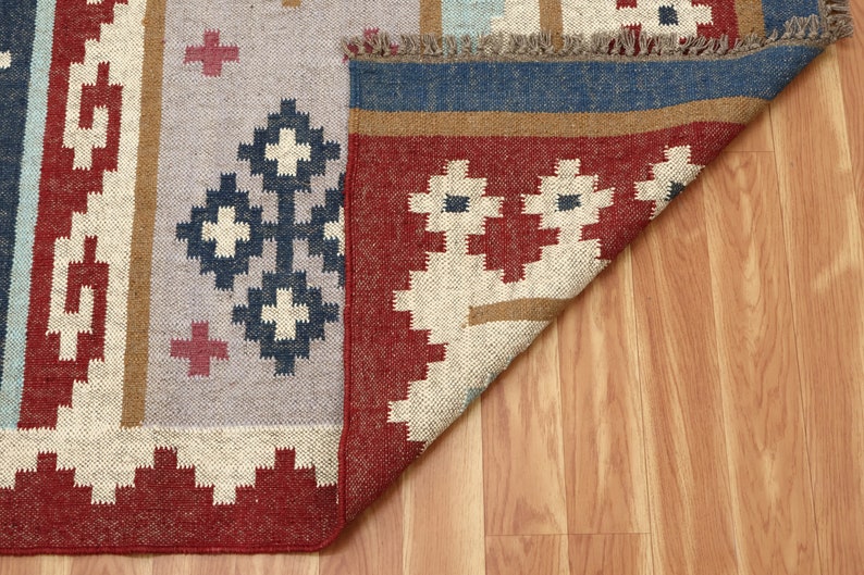 Red Wool Jute Kilim Handwoven Square Area Rug Garden Yoga Rugs Home ...