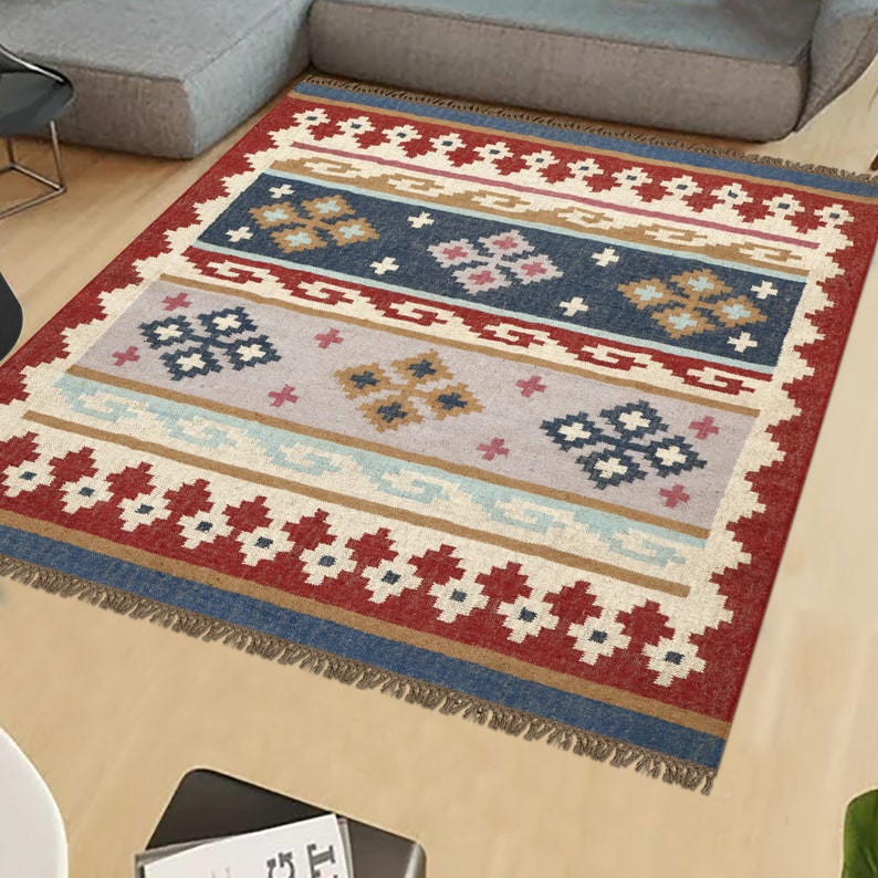 Red Wool Jute Kilim Handwoven Square Area Rug Garden Yoga Rugs Home ...