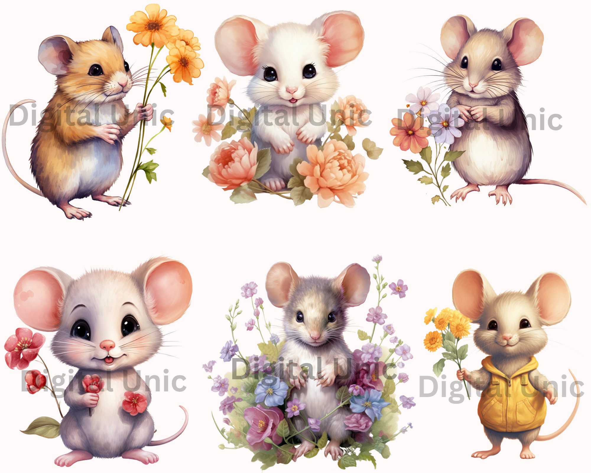 Cute Mouse and Flower Clipart 25 PNG Clipart Images for - Etsy
