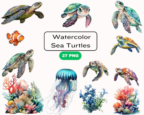 Watercolor Sea Turtle Clipart, Cute Baby Turtle Ocean Animals PNG ...