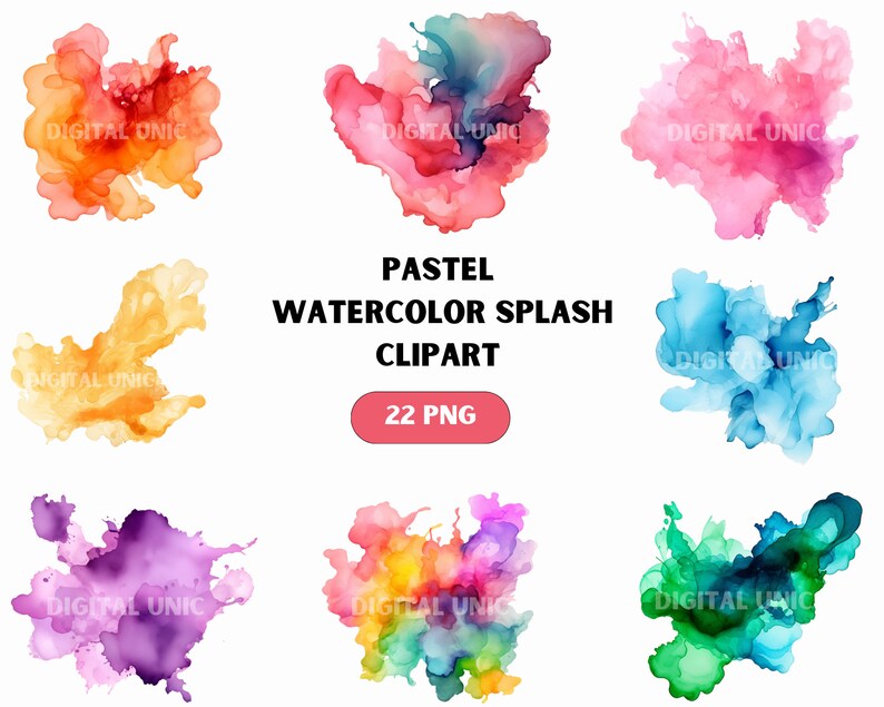 22 Pastel Watercolor Alcohol Ink Splash Clipart PNG, Colorful Color ...