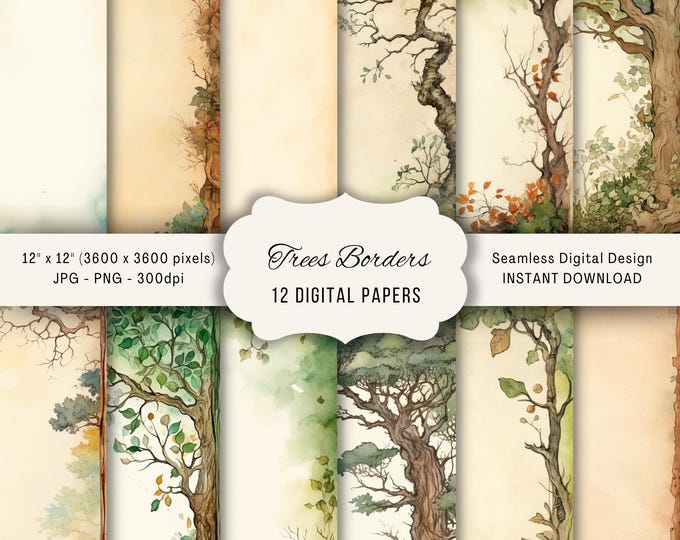 12 Watercolor Trees Borders Digital Papers, Commercial Use - Etsy