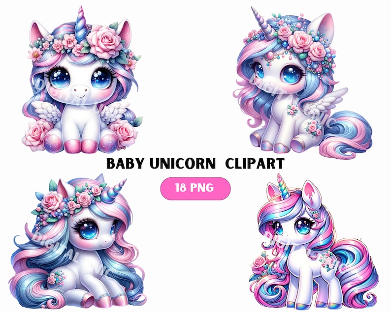 18 PNG Baby Unicorn Watercolor Clipart, Unicorn Сlip Art, Baby Unicorn ...
