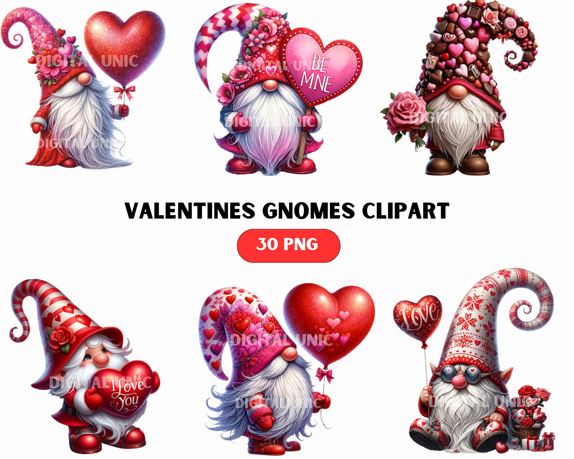Watercolor Valentines Gnomes 30 PNG Clipart, Valentines Day Clipart ...