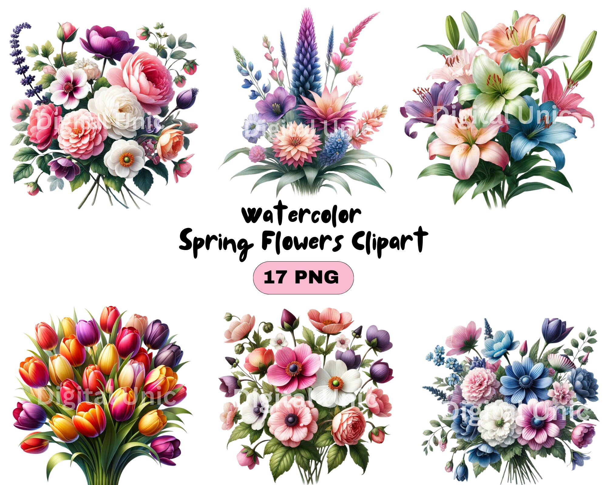 Watercolor Spring Flowers Clipart, 17 PNG Floral Clipart, Tulips ...