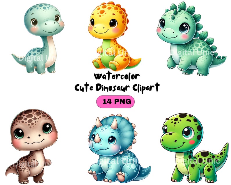 Watercolor Cute Cartoon Dinosaur Clipart, 14 PNG Baby Dinosaur Clipart ...