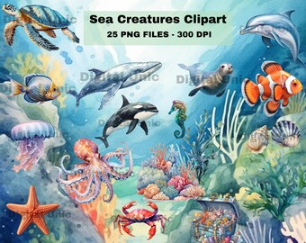 21 Watercolor Sea Creatures Clipart, PNG, Sealife, Wall Art, Turtle ...