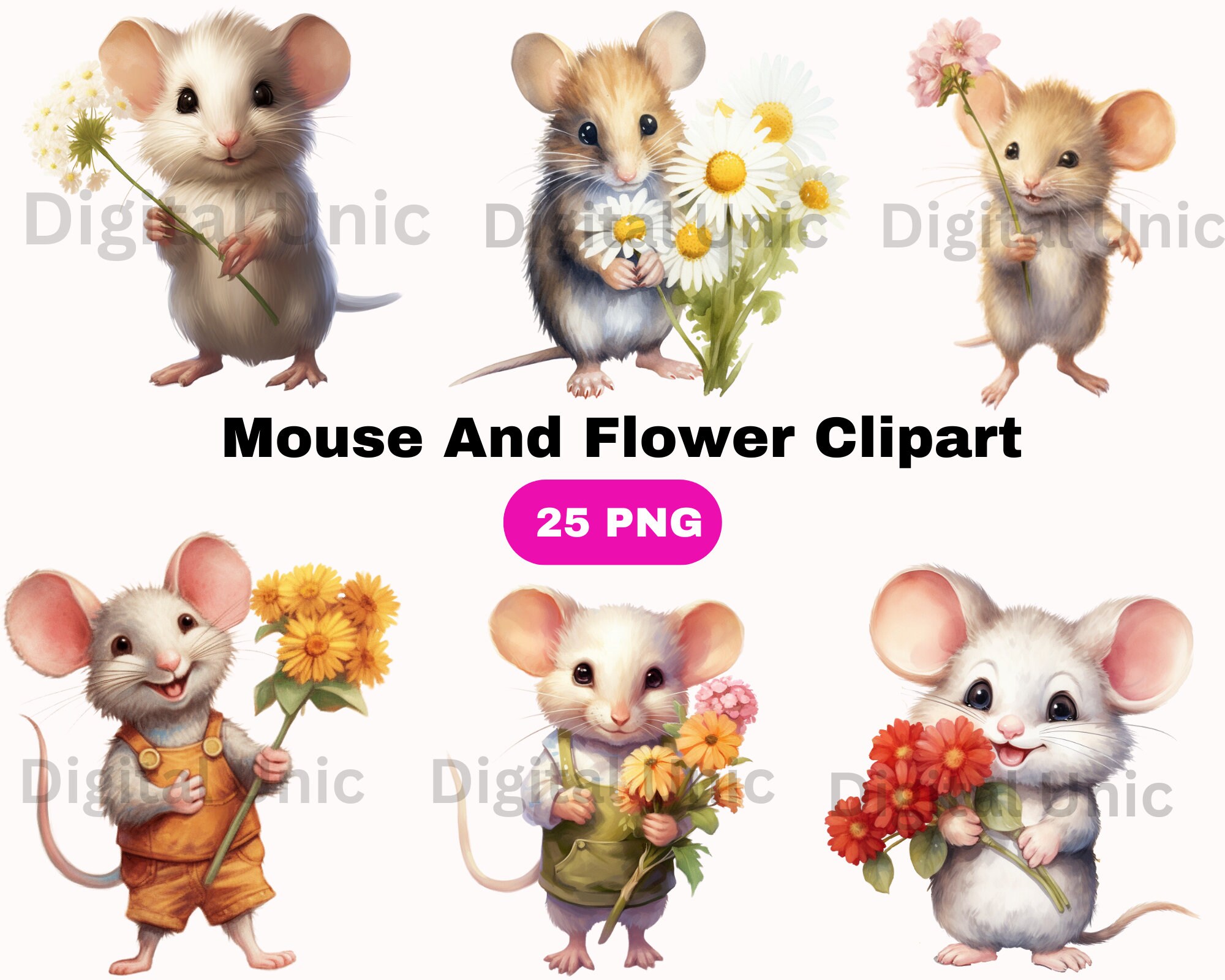 Cute Mouse and Flower Clipart 25 PNG Clipart Images for - Etsy