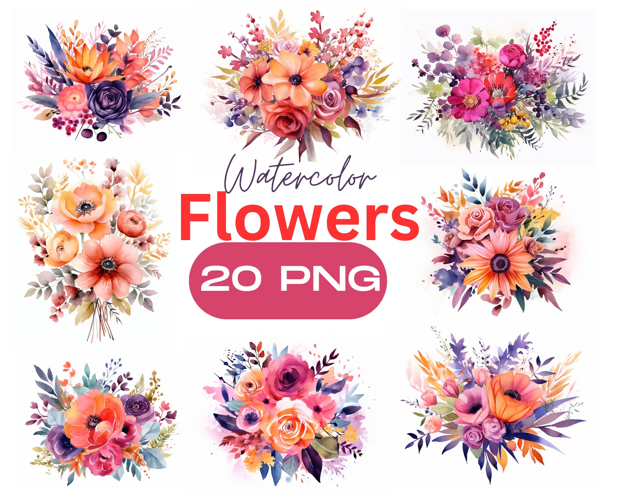Watercolor Flower Clipart, Flowers Bundle Illustrations, Flowers PNG ...