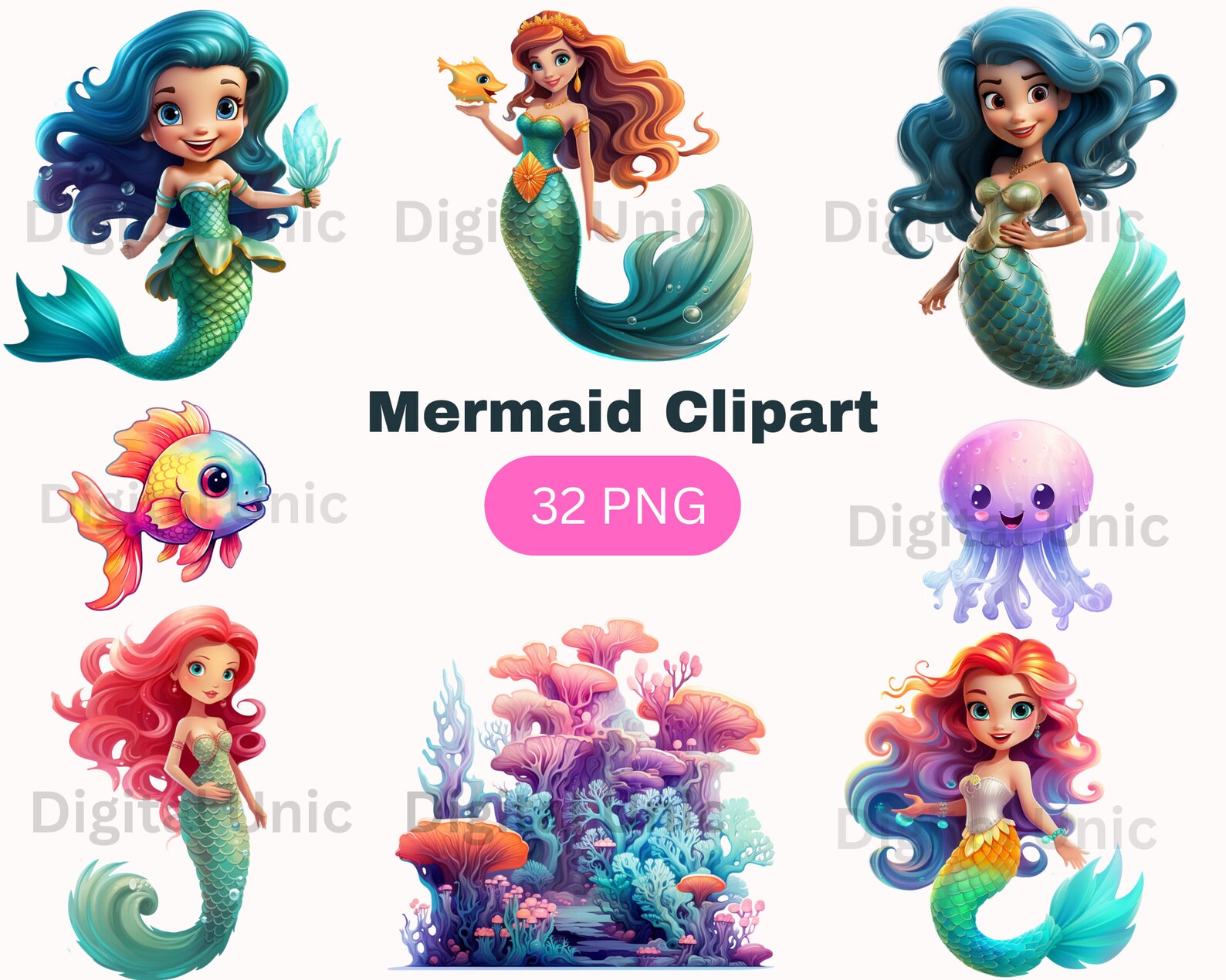 32 PNG Mermaid Clipart, Colorful Mermaid Clipart PNG, Scrapbook, Junk ...