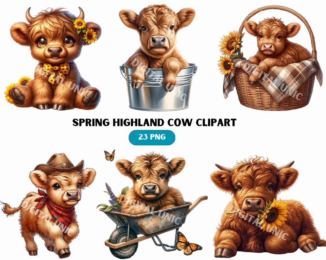 23 Watercolor Spring Highland Cow Clipart Collection PNG, 23 PNG Cow ...