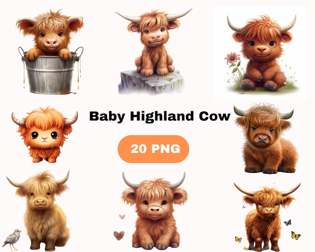 Baby Highland Cow Clipart, Cute Cow, Scottish Cow, Wall Art, Digital ...