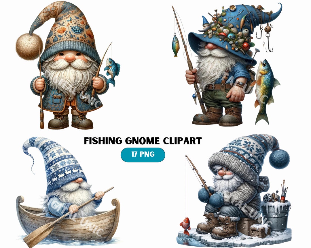 Watercolor Fishing Gnome Clipart PNG, 17 PNG, Fishing Clipart Bundle ...