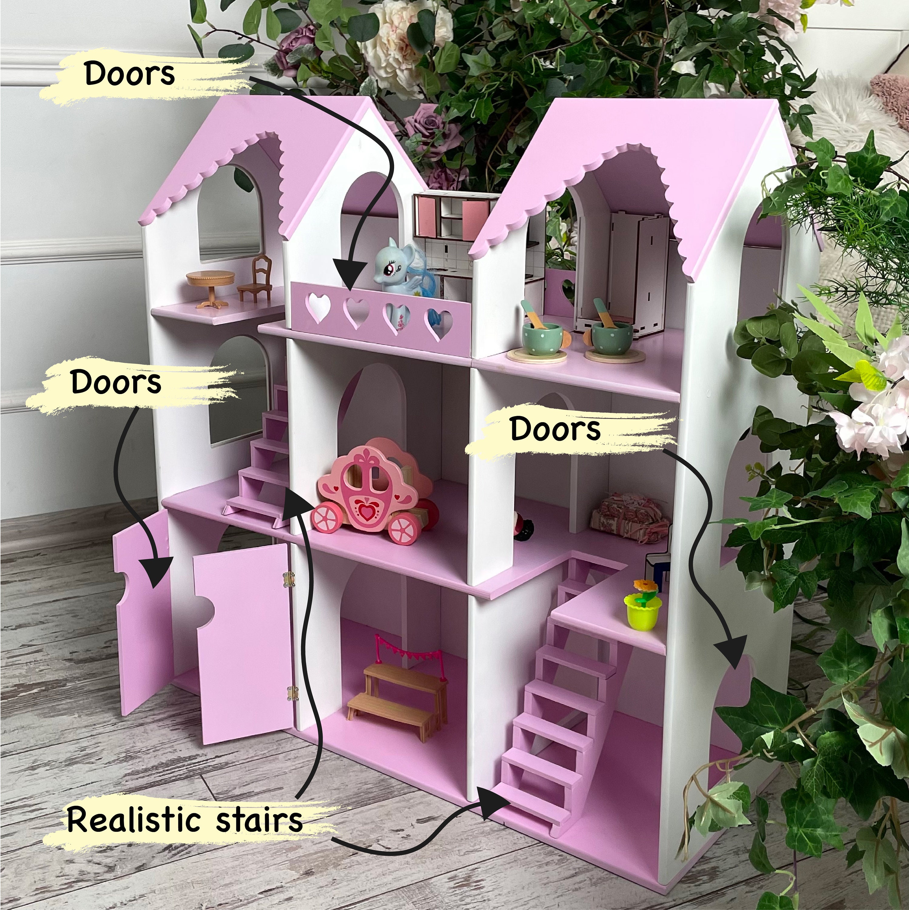Barbie Dollhouse Wooden, Lovely Playhouse With Stairs and Ladder With 3 ...