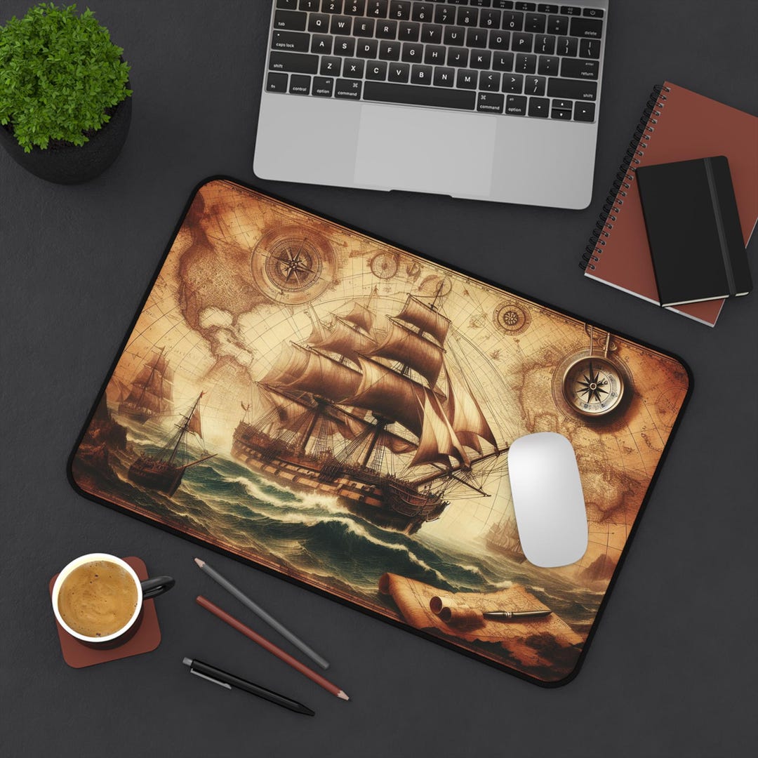 Vintage Nautical Map Desk Mat: Ship & Compass, Sailor Office Decor - Etsy
