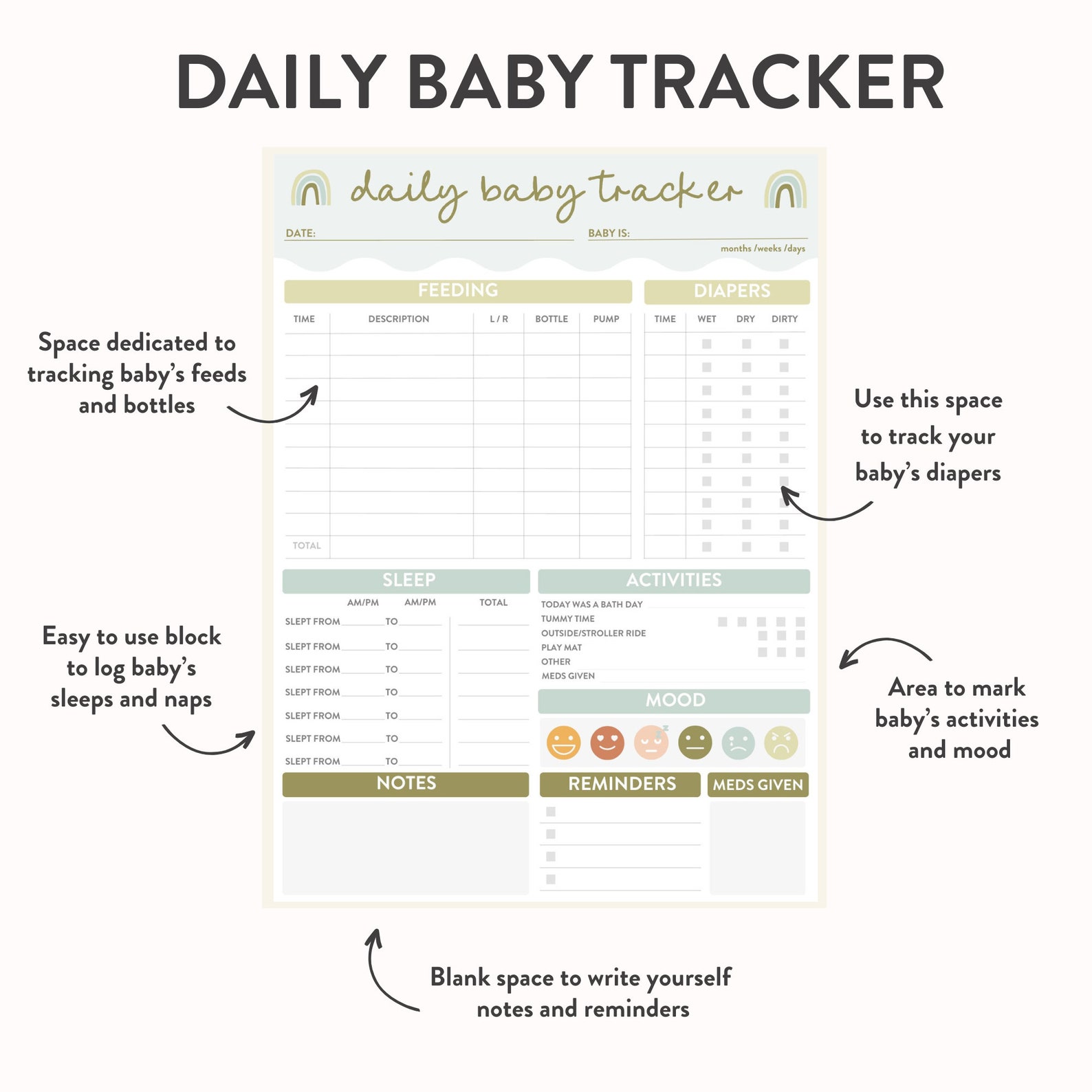 Printable Daily Baby Care Bundle - Baby Tracker, Baby Growth Chart ...