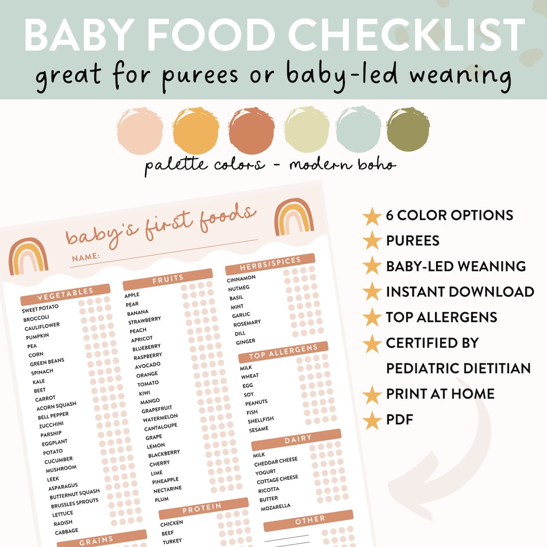 Baby's First Food Checklist in 6 Modern Boho Colors, Baby Food Purees ...