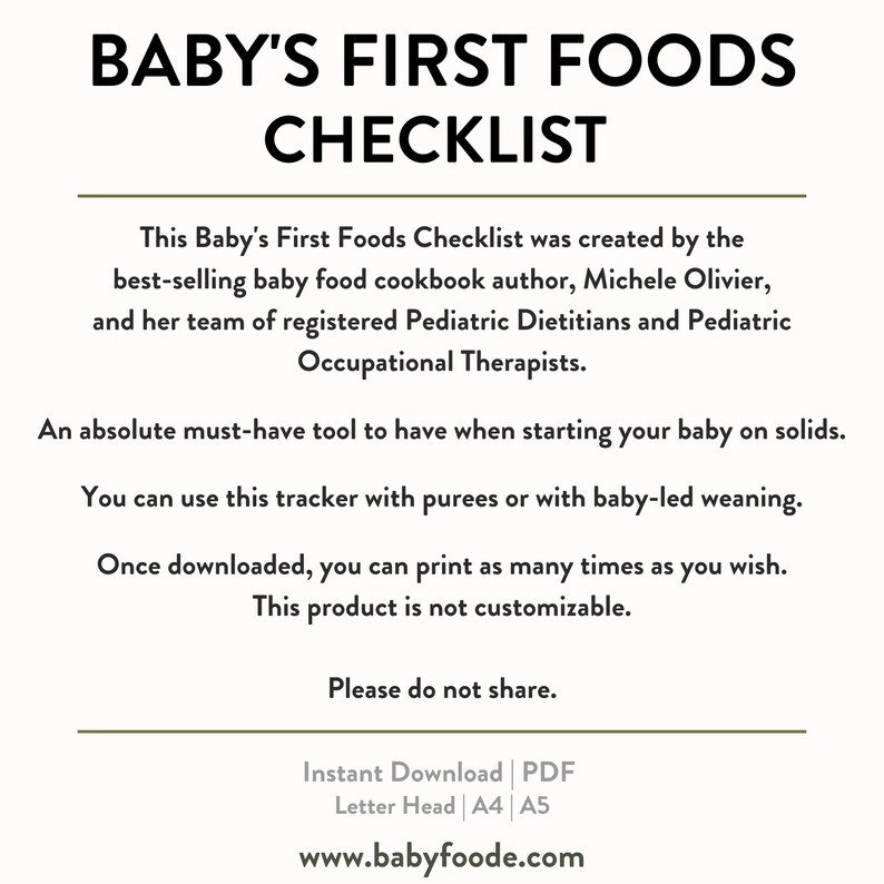 Baby's First Food Checklist & Starter Guide to Baby Purees | 10 First ...