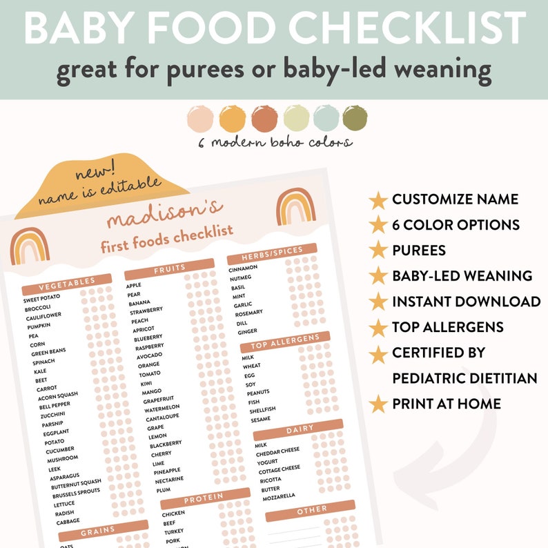 Baby's First Food Checklist in 6 Modern Boho Colors, Customize Baby ...