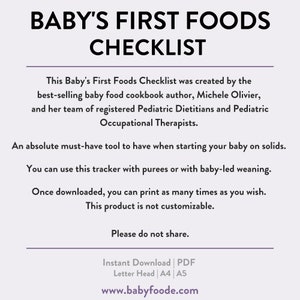 Baby's First Food Checklist, Baby Food Purees, Baby-led Weaning, 100 ...