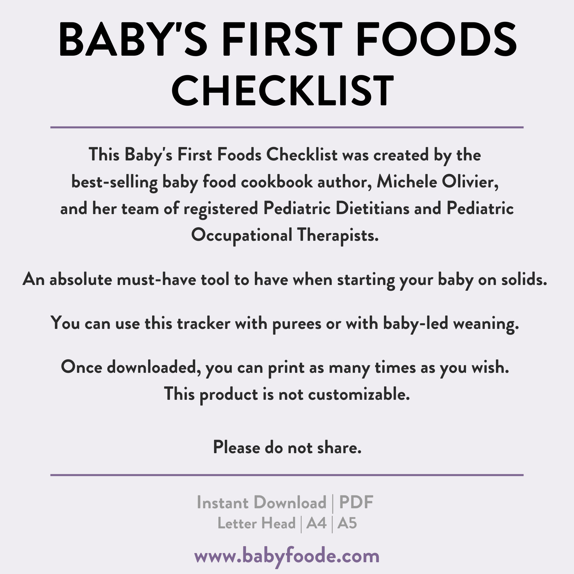 Baby's First Food Checklist, Baby Food Purees, Baby-led Weaning, 100 ...