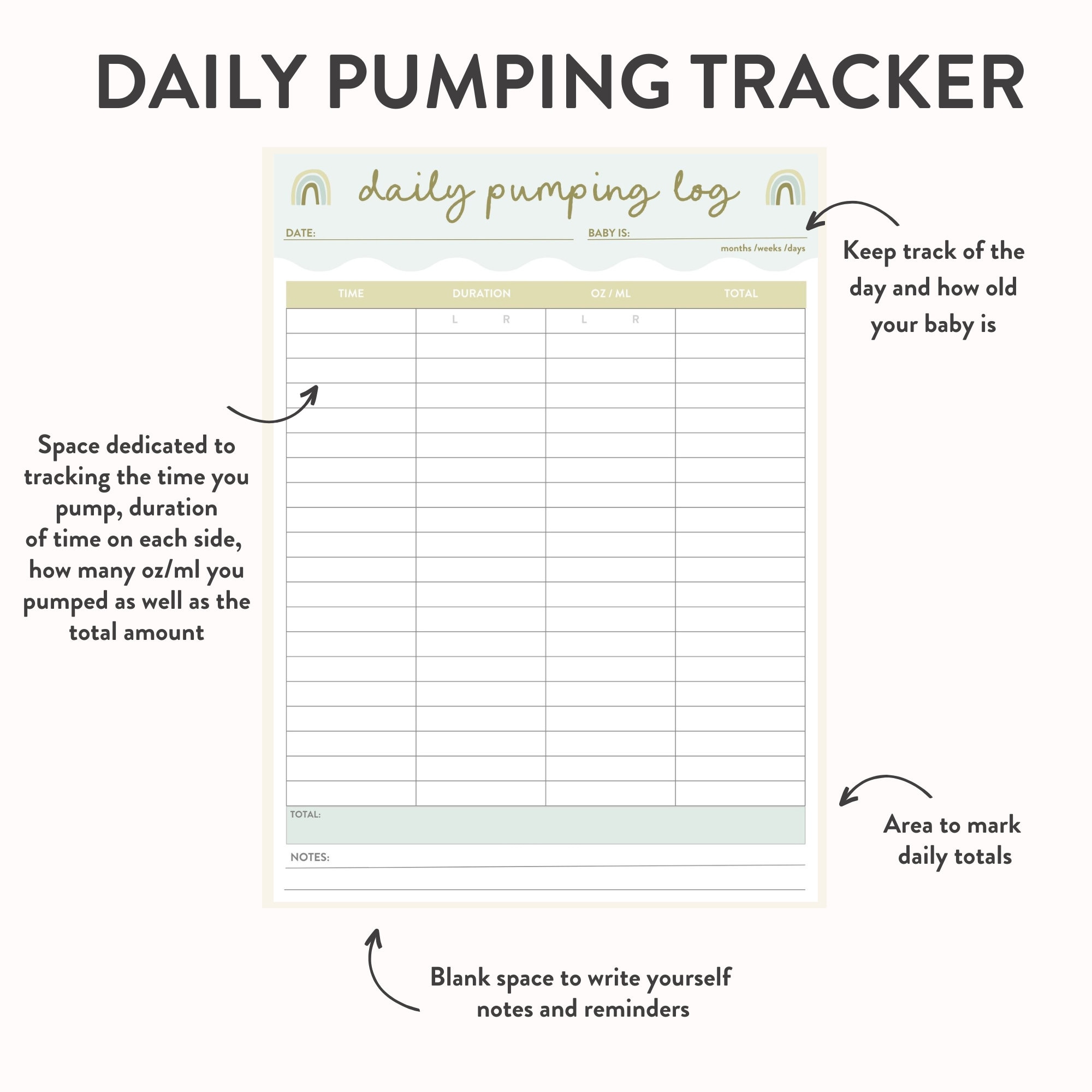 Daily Pumping Tracker, Printable Pumping Log, Track Date, Time, Sides ...