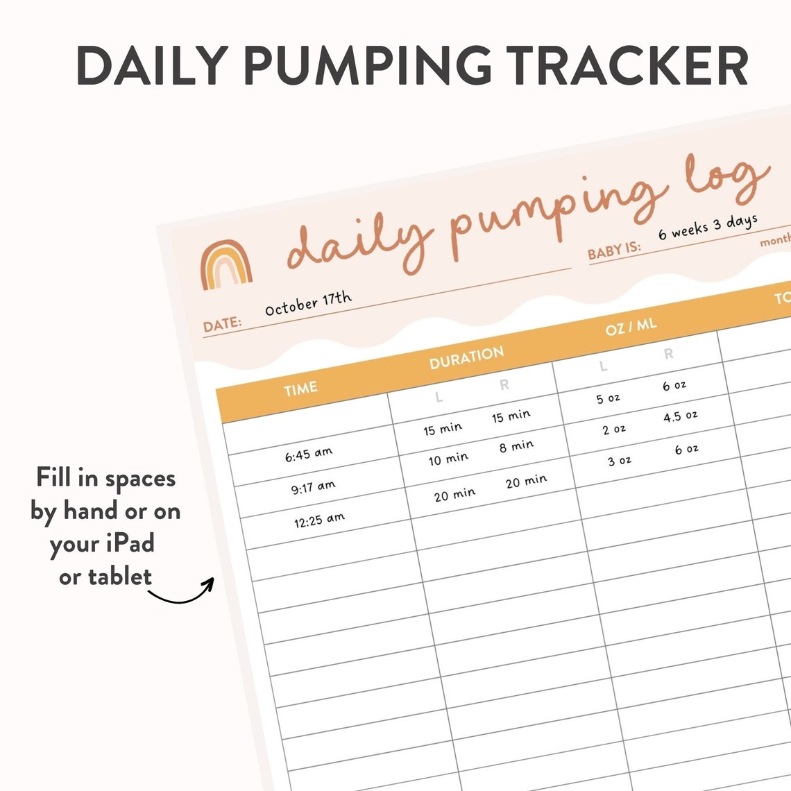Daily Pumping Tracker, Printable Pumping Log, Track Date, Time, Sides ...