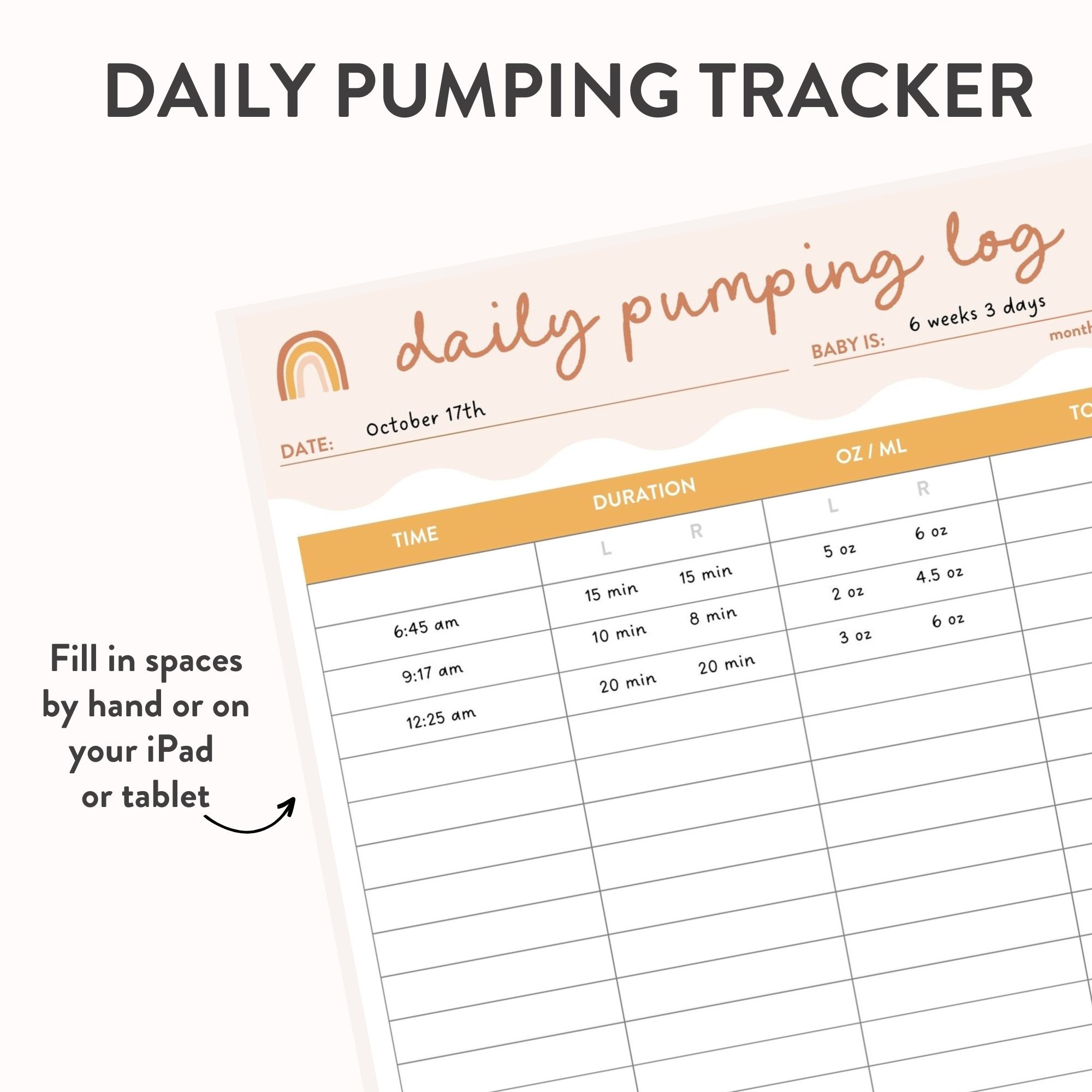 Daily Pumping Tracker, Printable Pumping Log, Track Date, Time, Sides ...