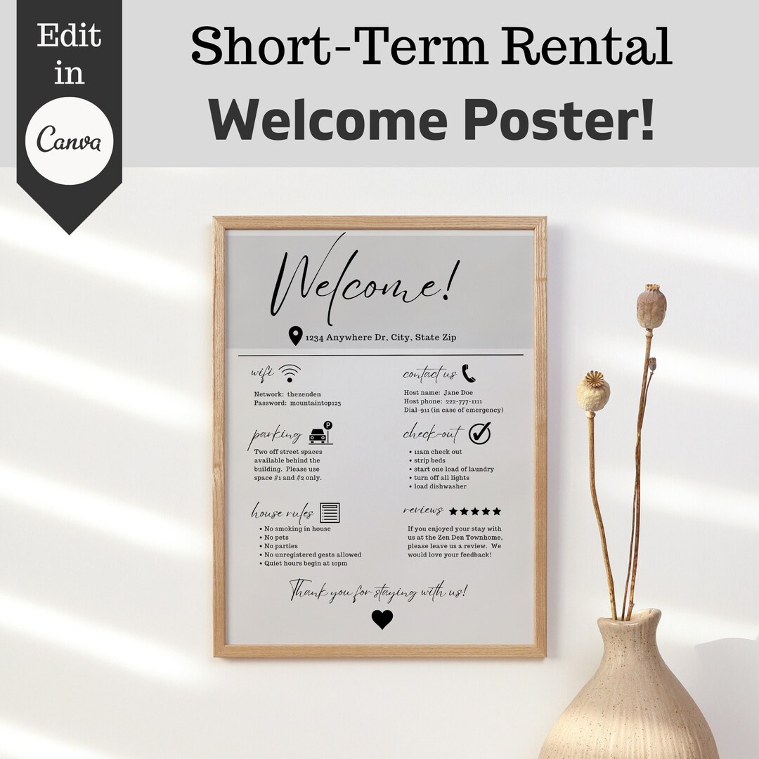 Airbnb Welcome Sign, Vacation Rental Canva Template, Guest Arrival ...