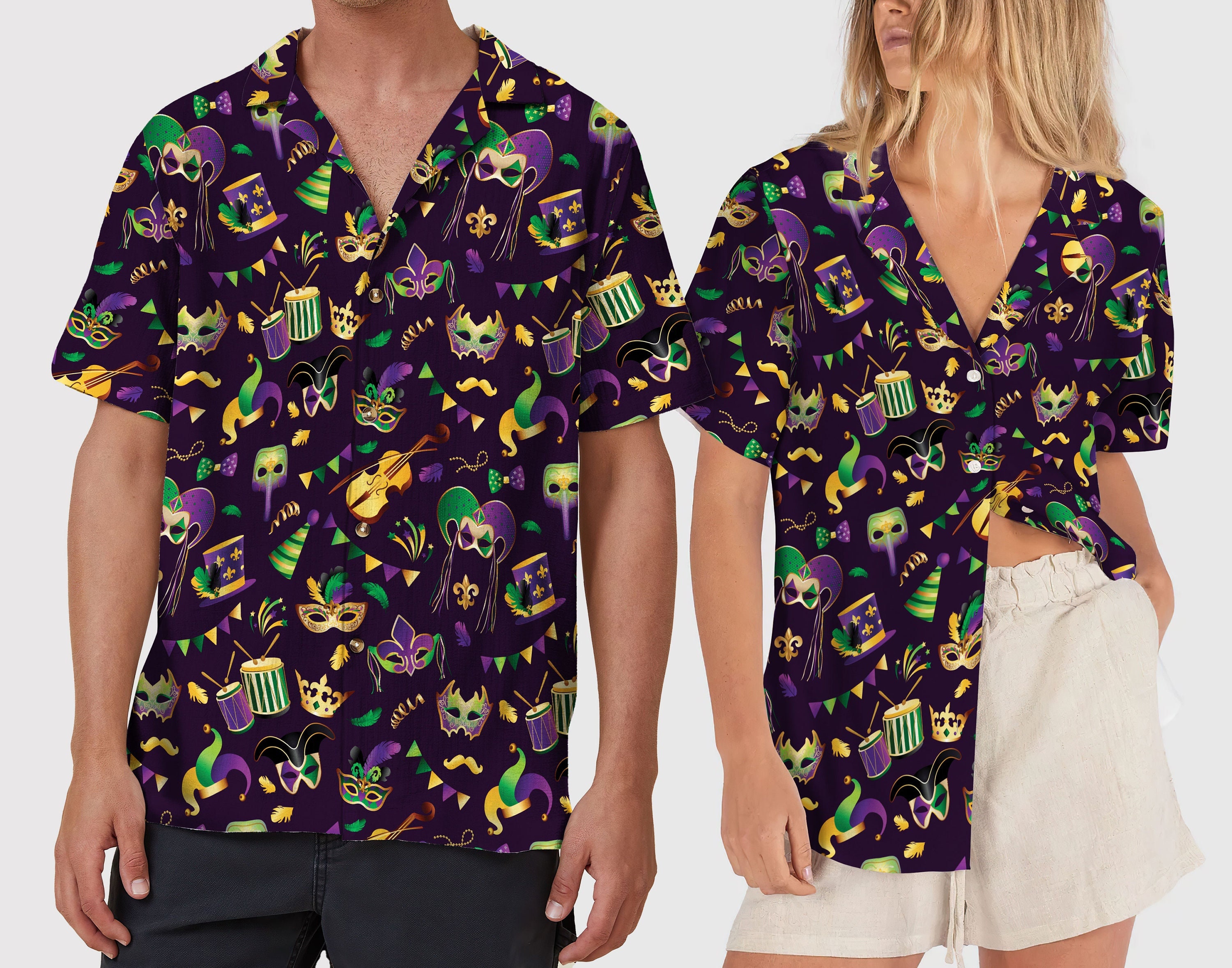Mardi Gras Button up Shirt, Cute Mardi Gras Hawaiian Shirt, Louisiana ...
